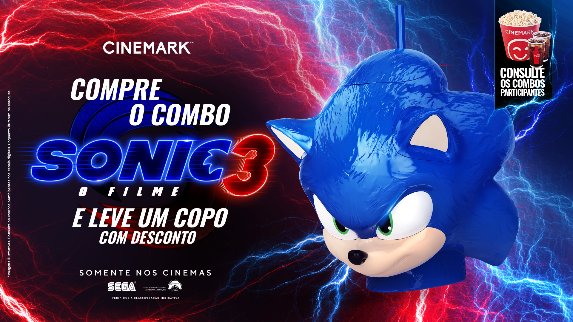 Mais veloz do que a luz! Cinemark apresenta combo oficial de 'Sonic 3' com copo exclusivo